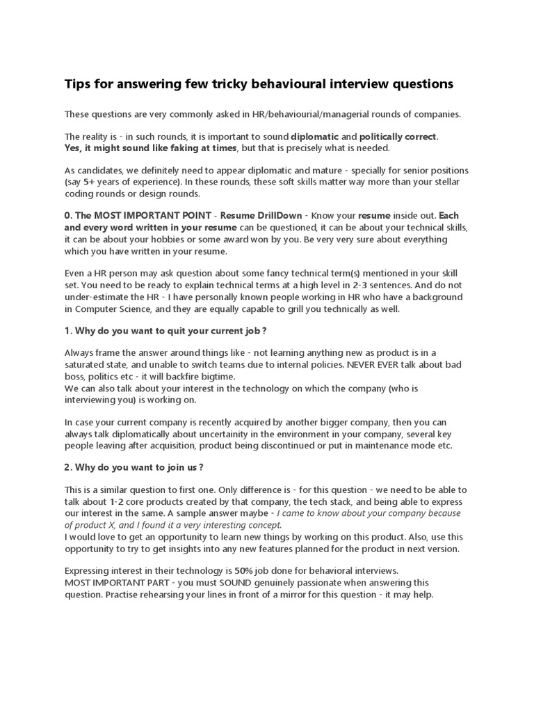 Tricky Behavioral Interview Questions Guide - Aman Barnwal | PDF