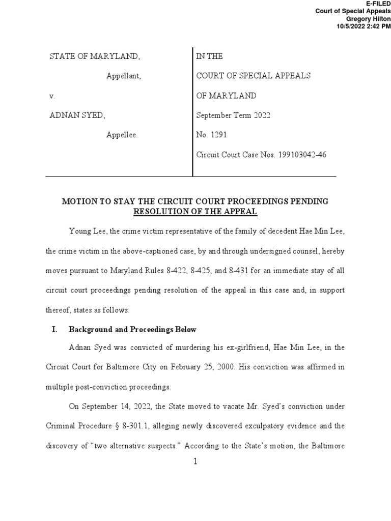 2022-10-05 Motion To Stay Court of Special Appeals | PDF