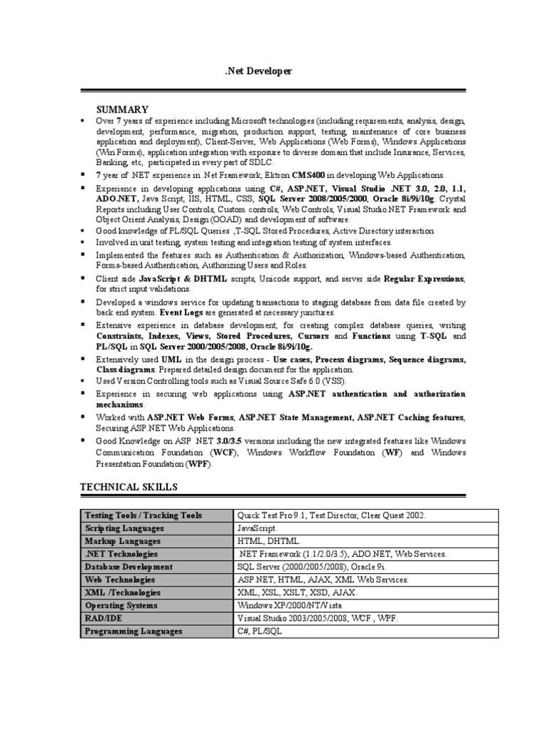 .NET Developer Resume Overview | PDF | Microsoft Visual Studio | Web ...