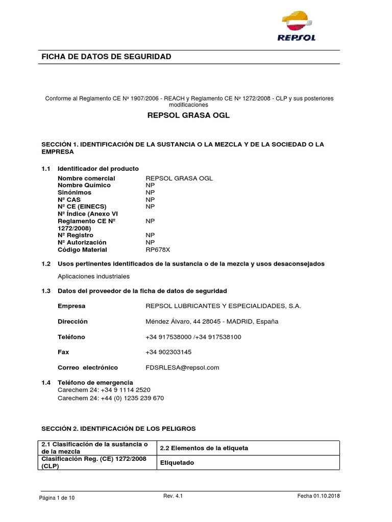 MSDS Repsol - Grasa - Ogl | PDF | Residuos | Agua
