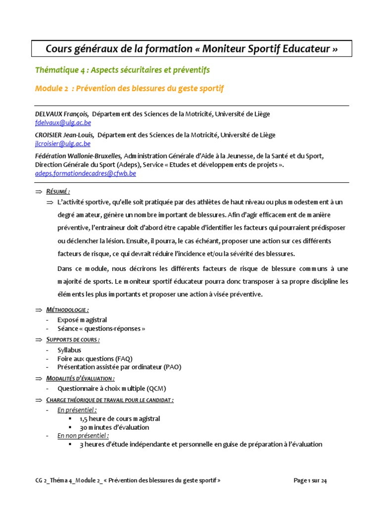 Prévention Des Blessures Du Geste Sportif | PDF
