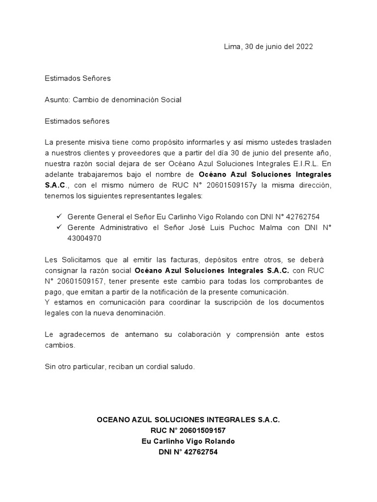 Comunicado de Cambio de Razón Social | PDF