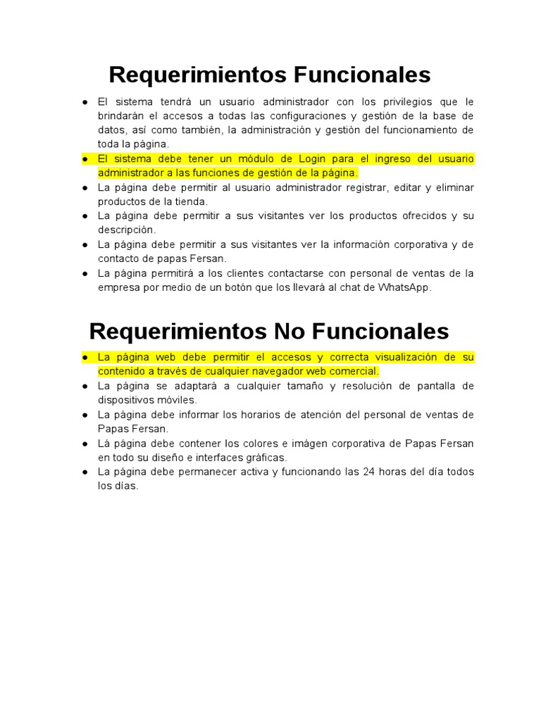 Requerimientos Funcionales y No Funcionales Papas Fersan | PDF