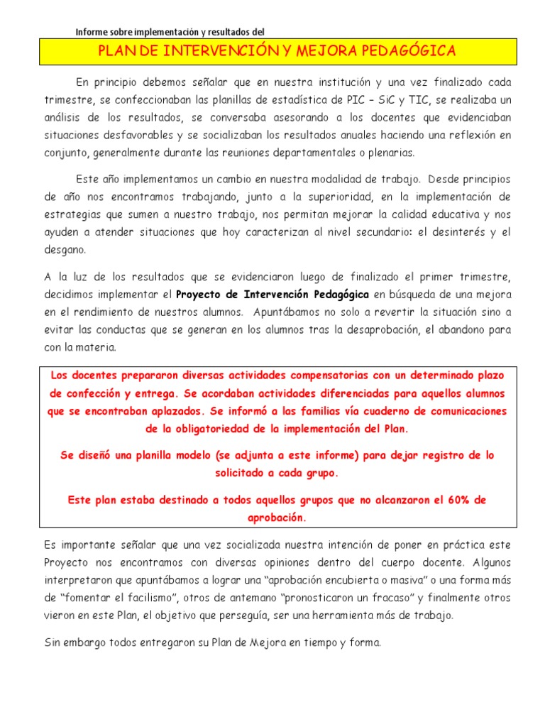 Plan de Intervencion Pedagogica | PDF | Evaluación