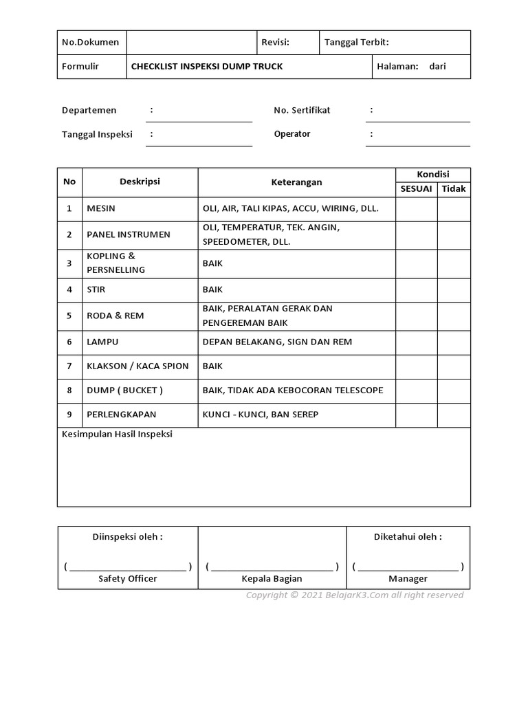 Form Check List Inspeksi Dump Truck | PDF