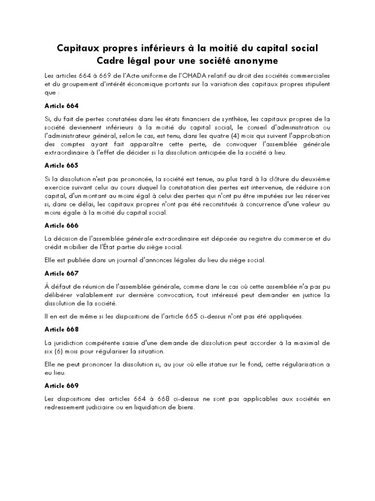 Capitaux Propres et Dissolution OHADA | PDF | Capitaux propres | Business