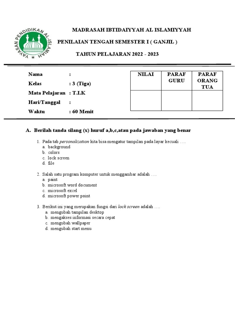 KLS 3 Soal PTS Tik | PDF