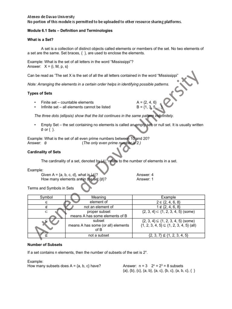 MMW - 6.1 Sets - Definitions and Terminologies | PDF | Set (Mathematics) | Empty Set