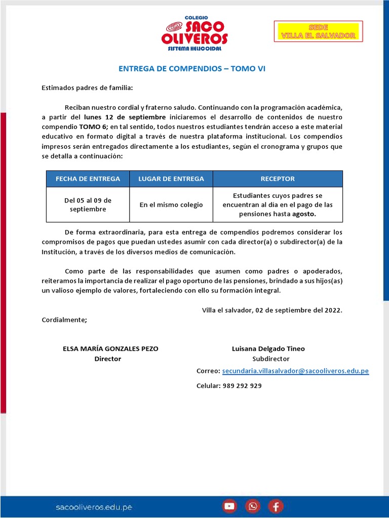 VES COMUNICADO PPFF - Entrega de Compendios | PDF