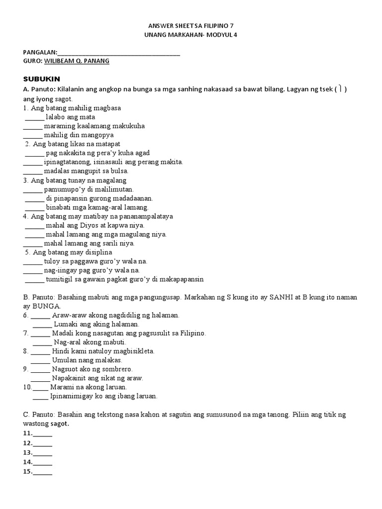 Answer Sheet Sa Filipino 7 M3 | PDF