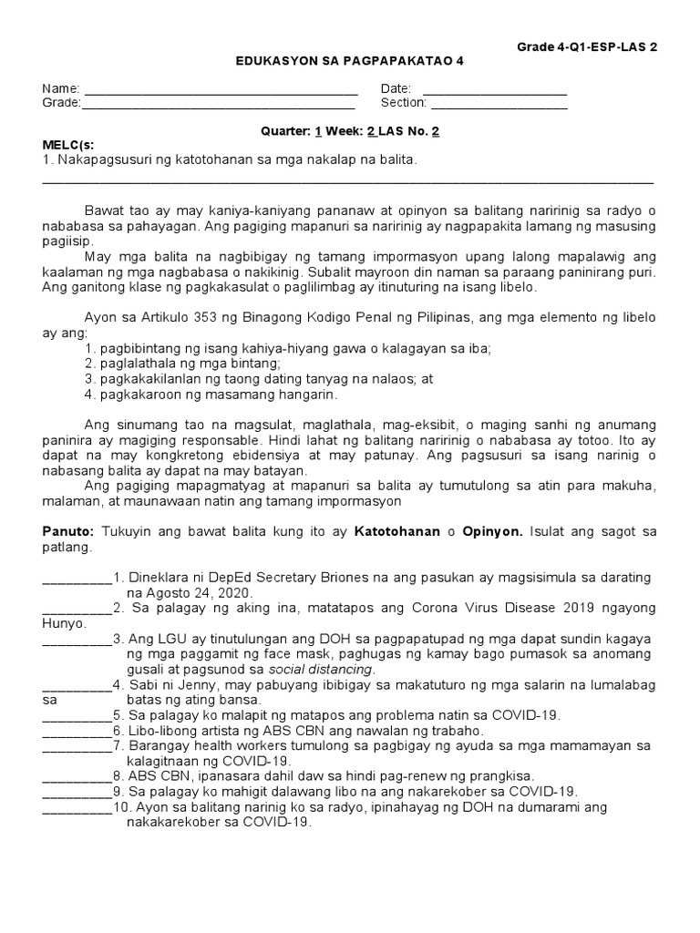 Grade 4 Q1 ESP LAS Week 2 | PDF