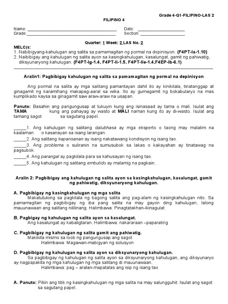 Grade 4 Q1 FILIPINO LAS Week 2 | PDF