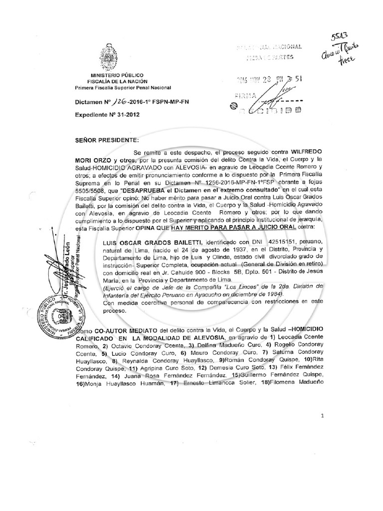 Disposición Fiscal Ampliatoria Que Incluyó Como Coacusado Por La Masacre de Putis A Luis Grados ...
