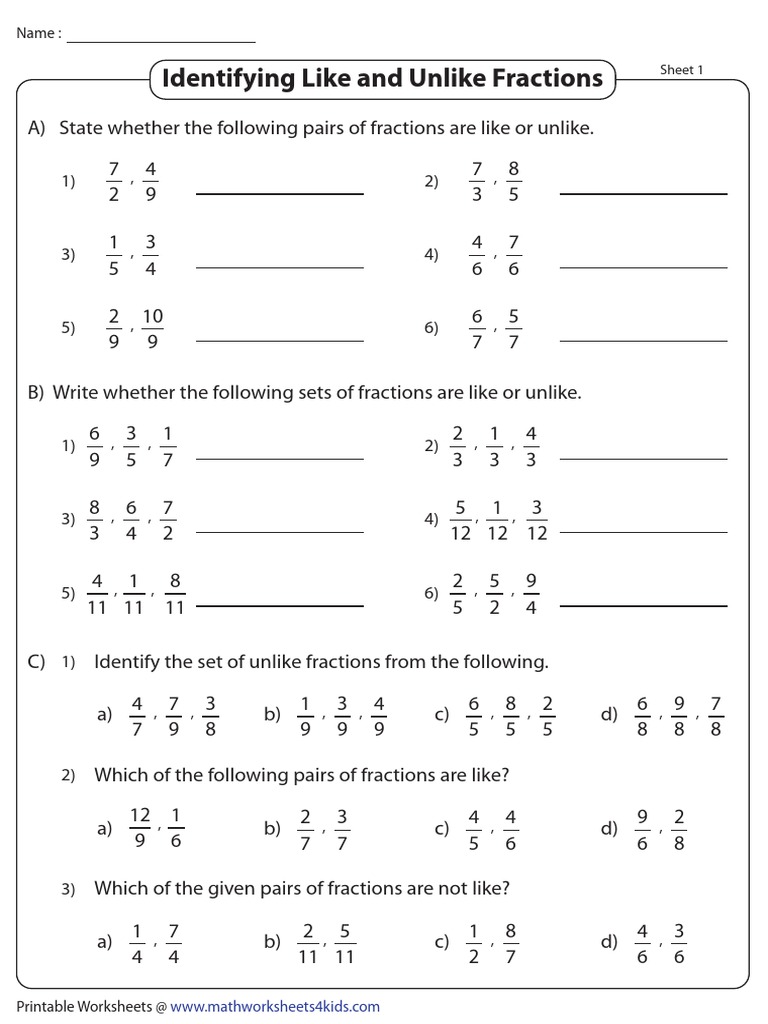 Identifying Similar and Dissimilar Fractions Worksheet 1 | PDF