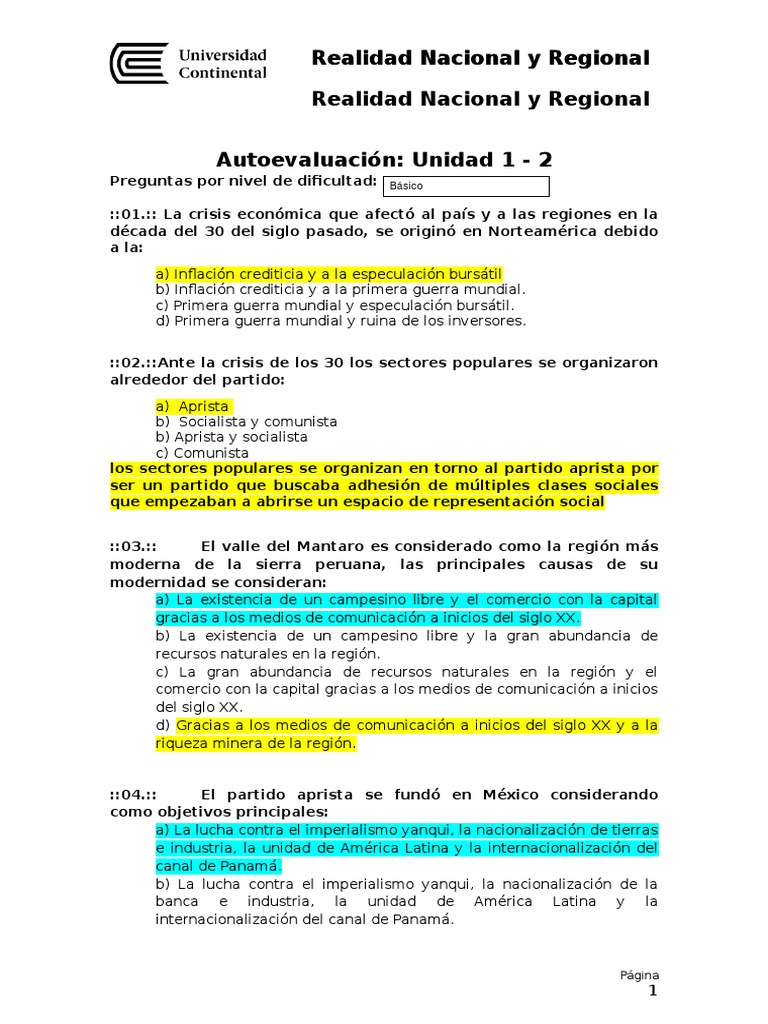 Autoevaluaci N 1 2 Realidad Nacional e Internacional | PDF | Perú | Reforma agraria