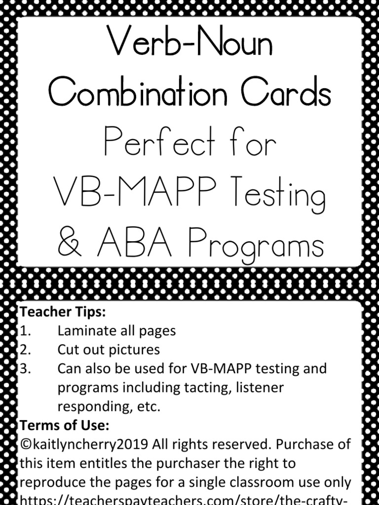 Verb-Noun Combination Cards Perfect For VB-MAPP Testing & ABA Programs ...