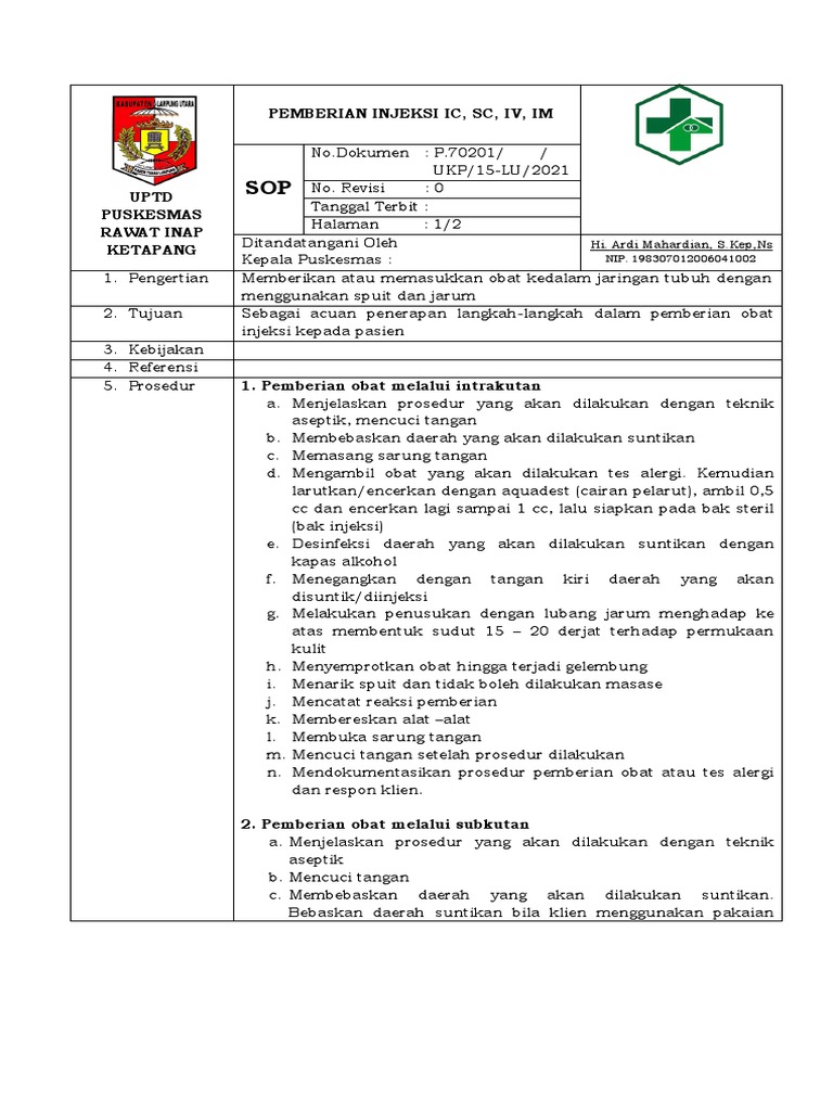 SOP Pemberian Injeksi Obat Intravena | PDF | Pengembangan Diri