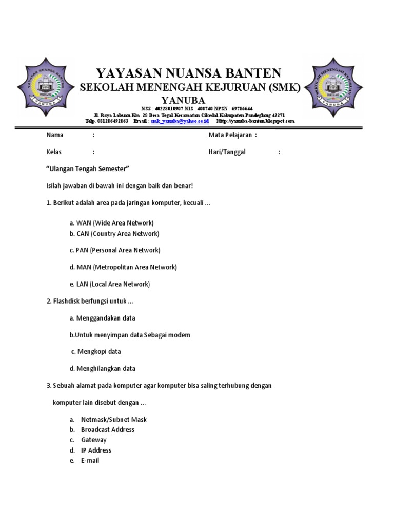 Soal UTS Jaringan Komputer SMK Yanuba | PDF | Teknologi & Rekayasa
