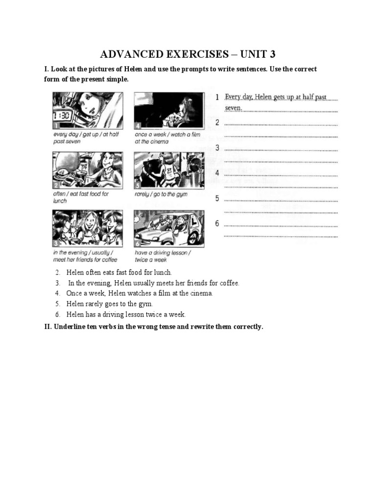 Advanced exercises - unit 3 activities for Helen's daily routine | PDF | Lunch