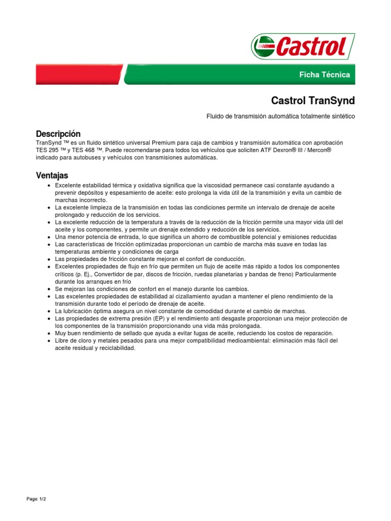 PDS Castrol TranSynd | PDF | Transmisión automática | Química