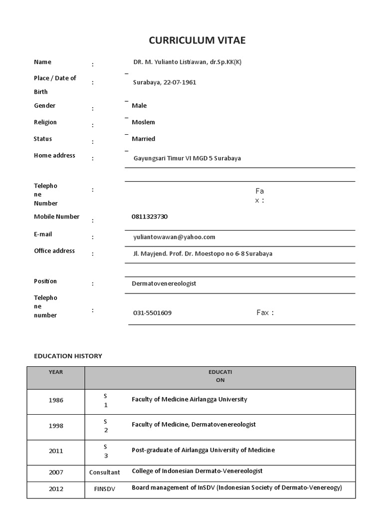 CV Dr. M. Yulianto Listiawan., DR., SPKK (K) Finsdv, Faadv | Download Free PDF | Dermatology ...