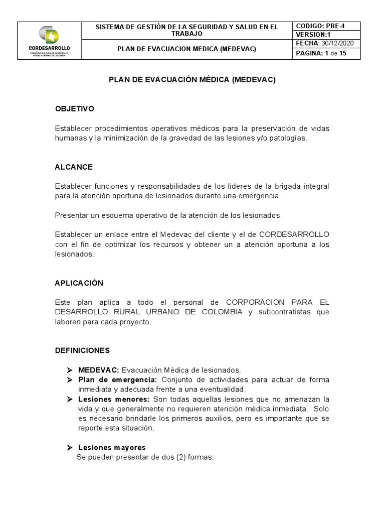 Plan de Evacuación Médica (MEDEVAC) | PDF | Hospital | Primeros auxilios
