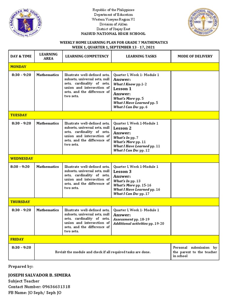 Weekly Plan Week 1 Q1 | PDF | Mathematics | Mathematical Logic
