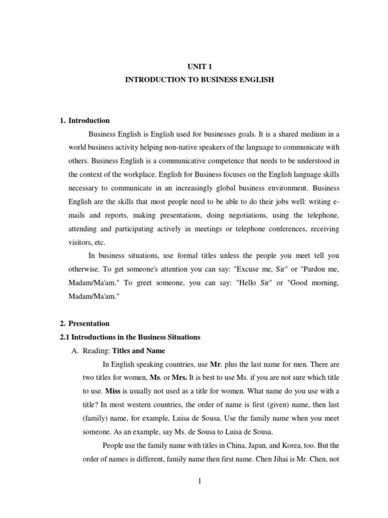 Unit 1 - Introduction To Business English | PDF | Madam | English Language
