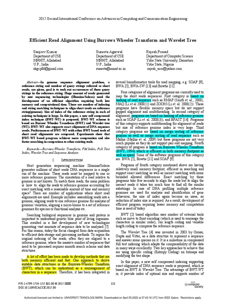 Efficient Read Alignment Using Burrows Wheeler Transform and Wavelet Tree | PDF | Sequence ...