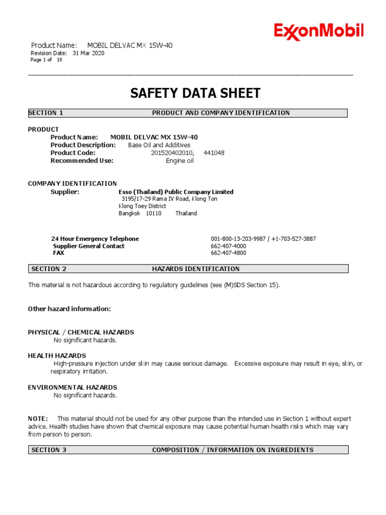 MOBIL DELVAC MX 15W-40 Safety Data Sheet | PDF | Firefighting ...