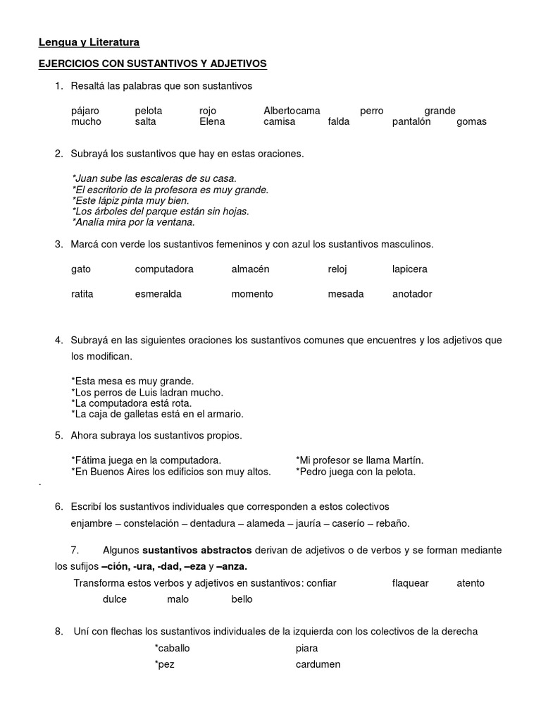 Ejercicios Con Sustantivos y Adjetivos | PDF | Sustantivo | Adjetivo