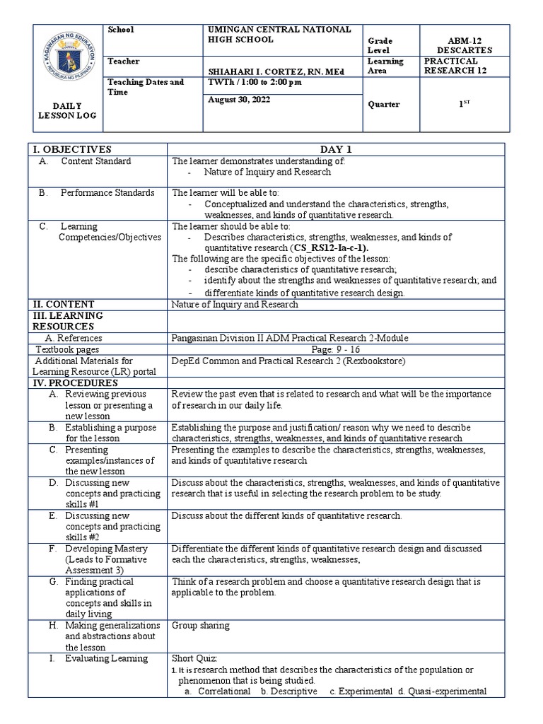 Quantitative Research Lesson Plan | PDF