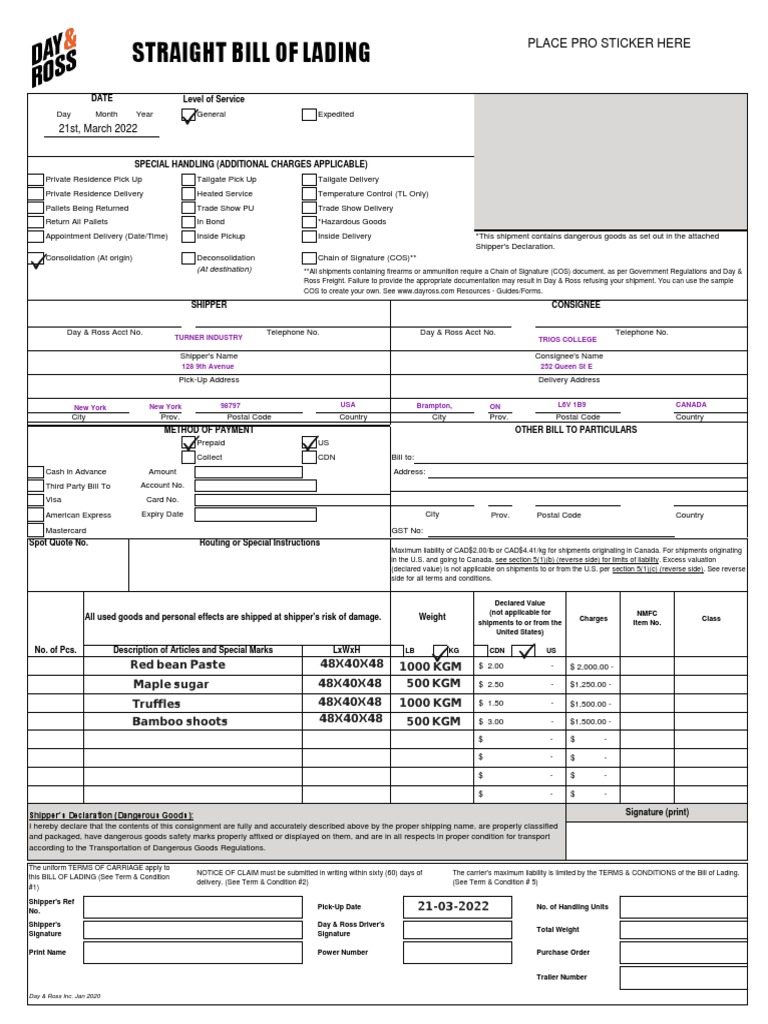 Bill of landing | PDF | Cargo | Bill Of Lading