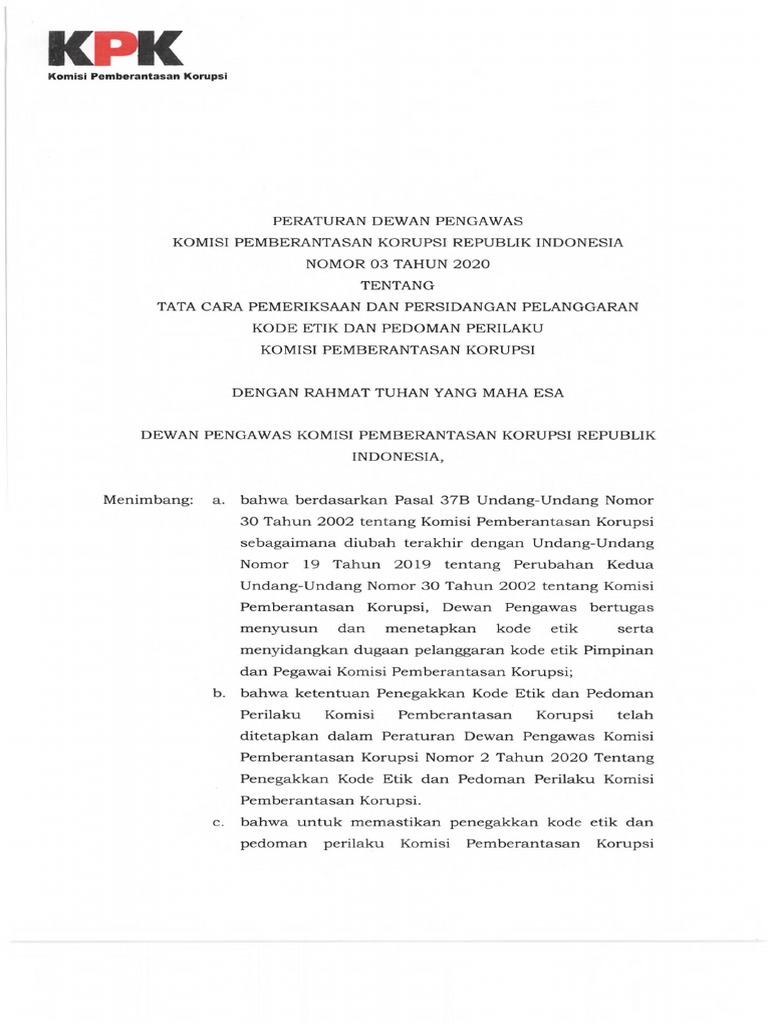 PERDEWAS 03 Tahun 2020 Tata Cara Pemeriksaan Persidangan Pelanggaran Kode Etik Pedoman Prilaku ...