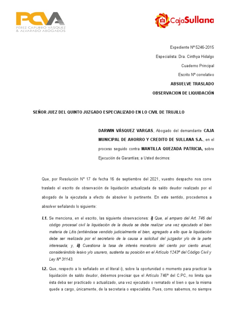 Absuelve Liquidacion Mantilla Quezada | PDF | Liquidación | Interés