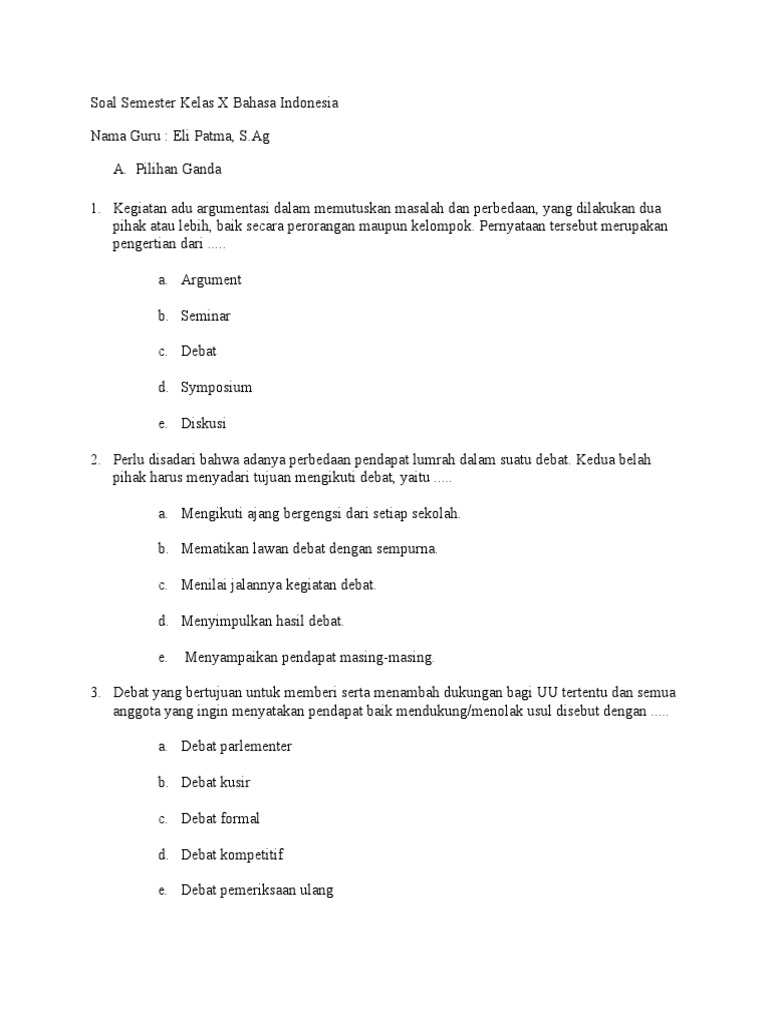 Soal Semester 2 Kelas X Bahasa Indonesia | PDF