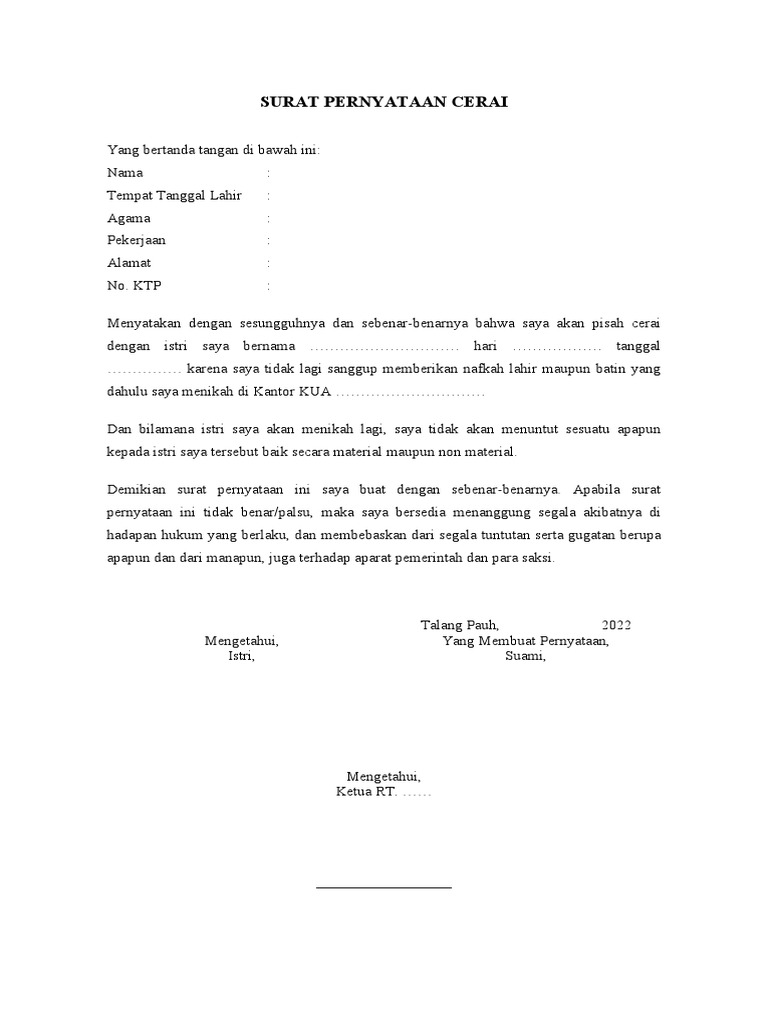 Surat Pernyataan Cerai | PDF