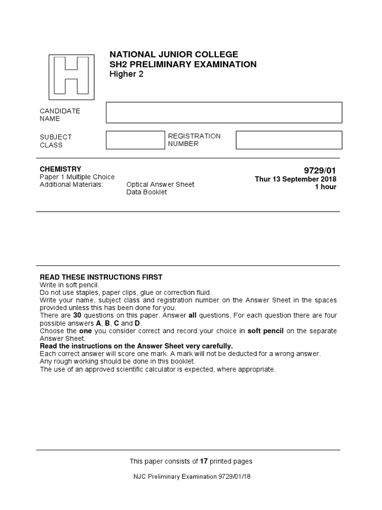NJC H2 Chem P1 QP | PDF | Reaction Rate | Ph
