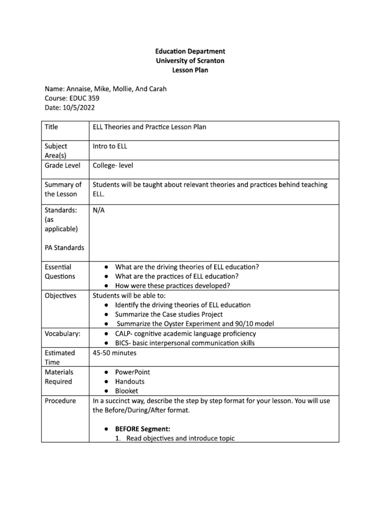 Ell Lesson Plan | PDF