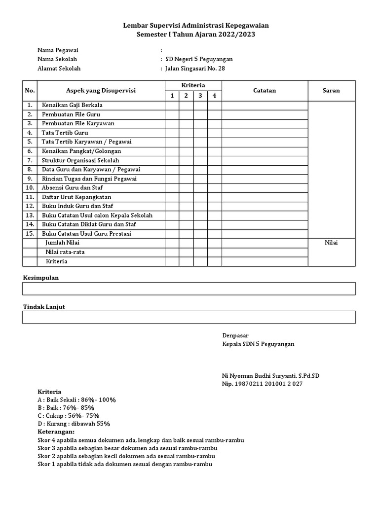 Instrumen Supervisi Tendik | PDF