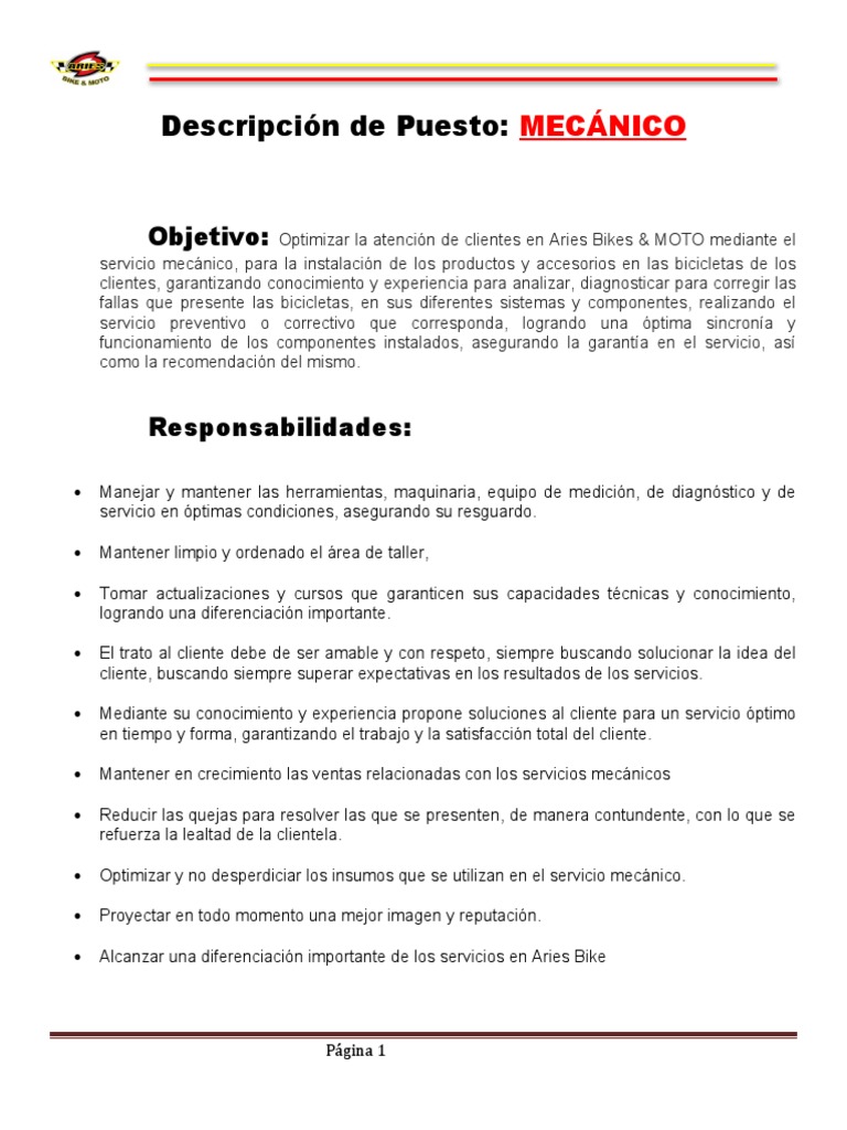 Descripcion Puesto Mecanico 2020 | PDF | Cliente