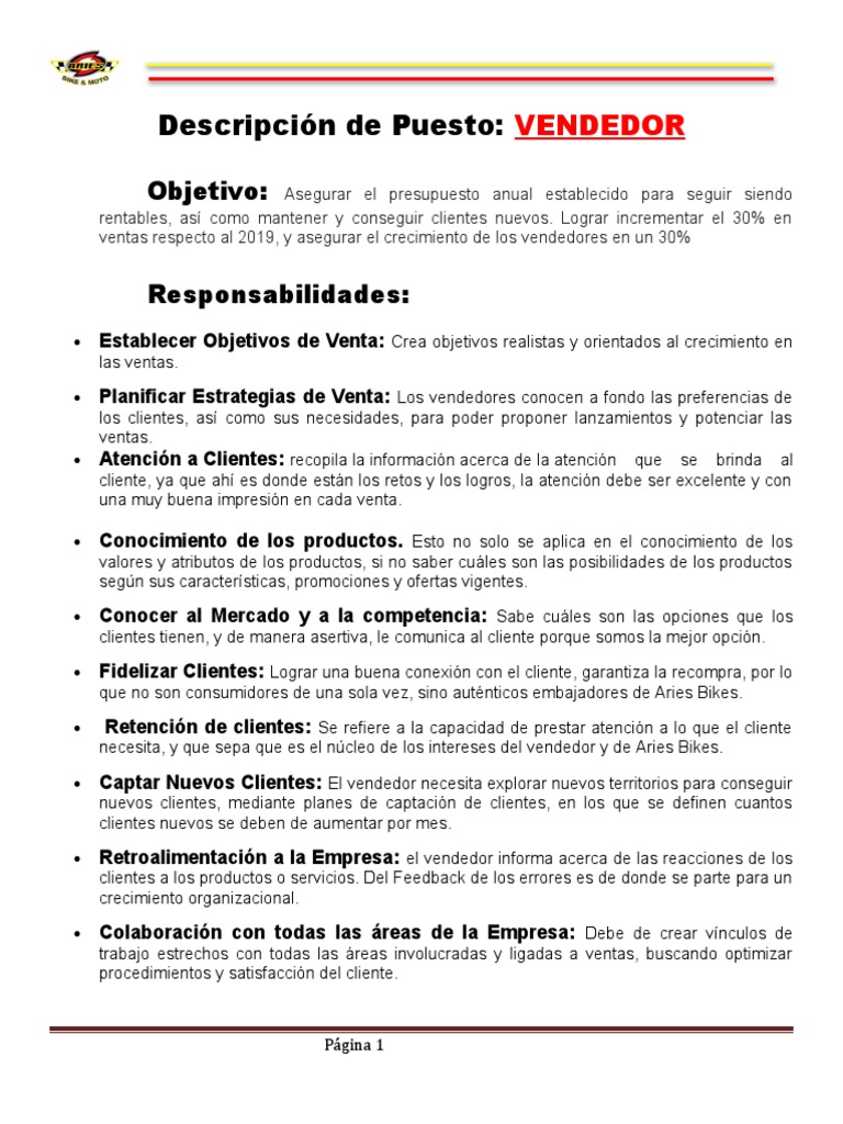Descripcion Puesto Vendedor 2020 | PDF | Cliente Descripcion Puesto Vendedor 2020 | PDF | Cliente