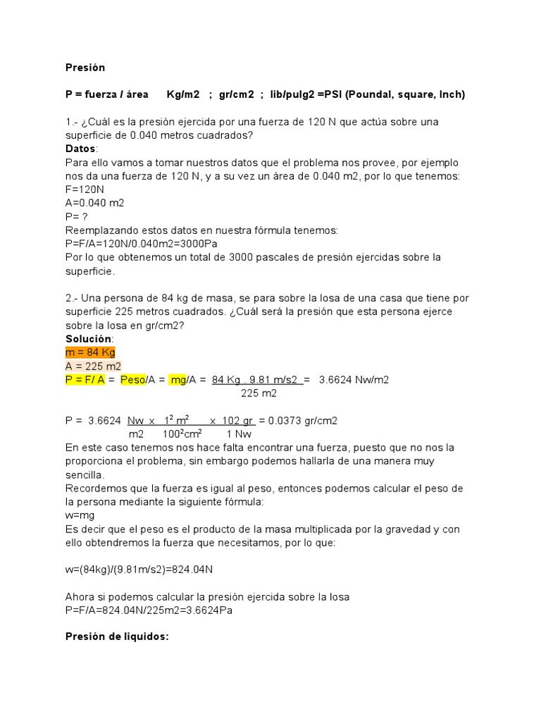 Ejem01 Presión | PDF | Pascal (Unidad) | Presión