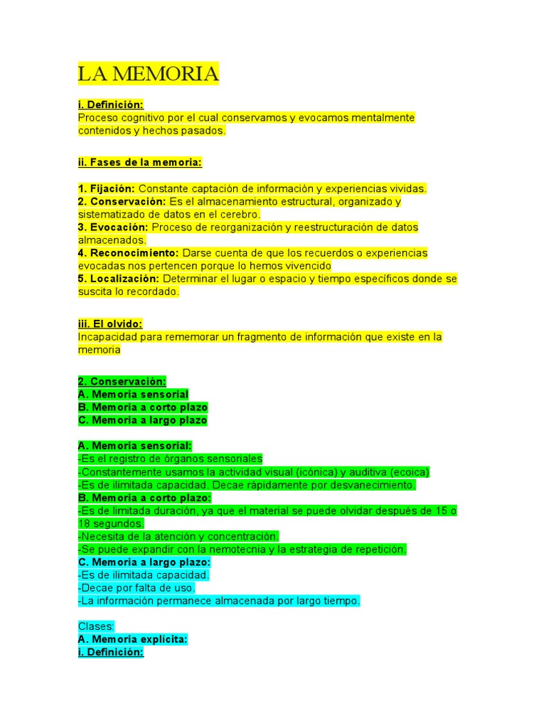 Fases y Tipos de Memoria Humana | PDF | Artes del Lenguaje y ...
