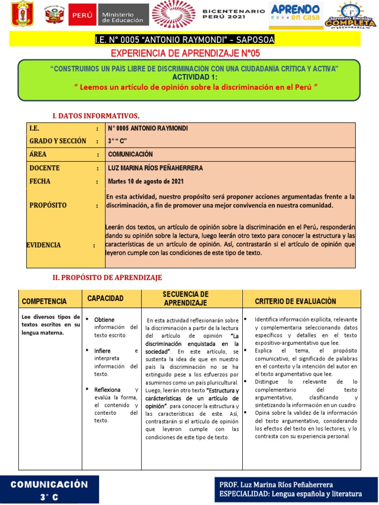 5 EXP. COMUNICACIÓN 3° Act. 1 - LUZ MARINA | PDF | Racismo | Discriminación y relaciones raciales