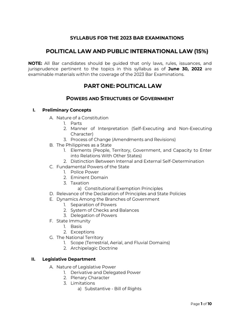 2023 Bar Exam Syllabus: Political Law | PDF | American Government ...
