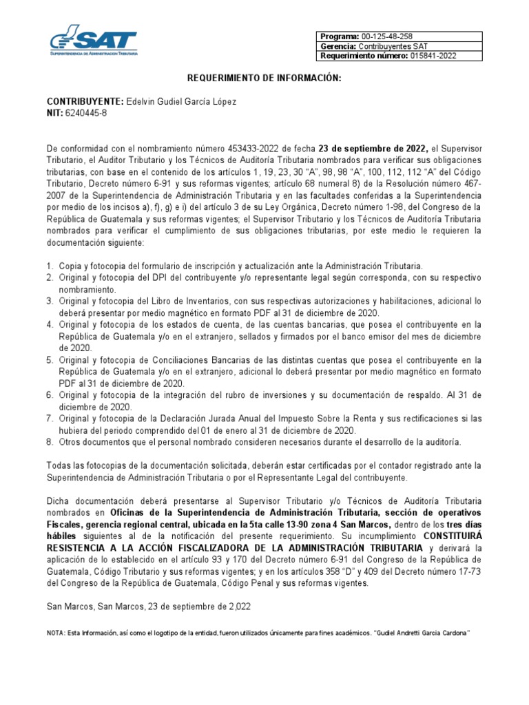 Requerimiento de Información | PDF | Contribuyente | Gobierno