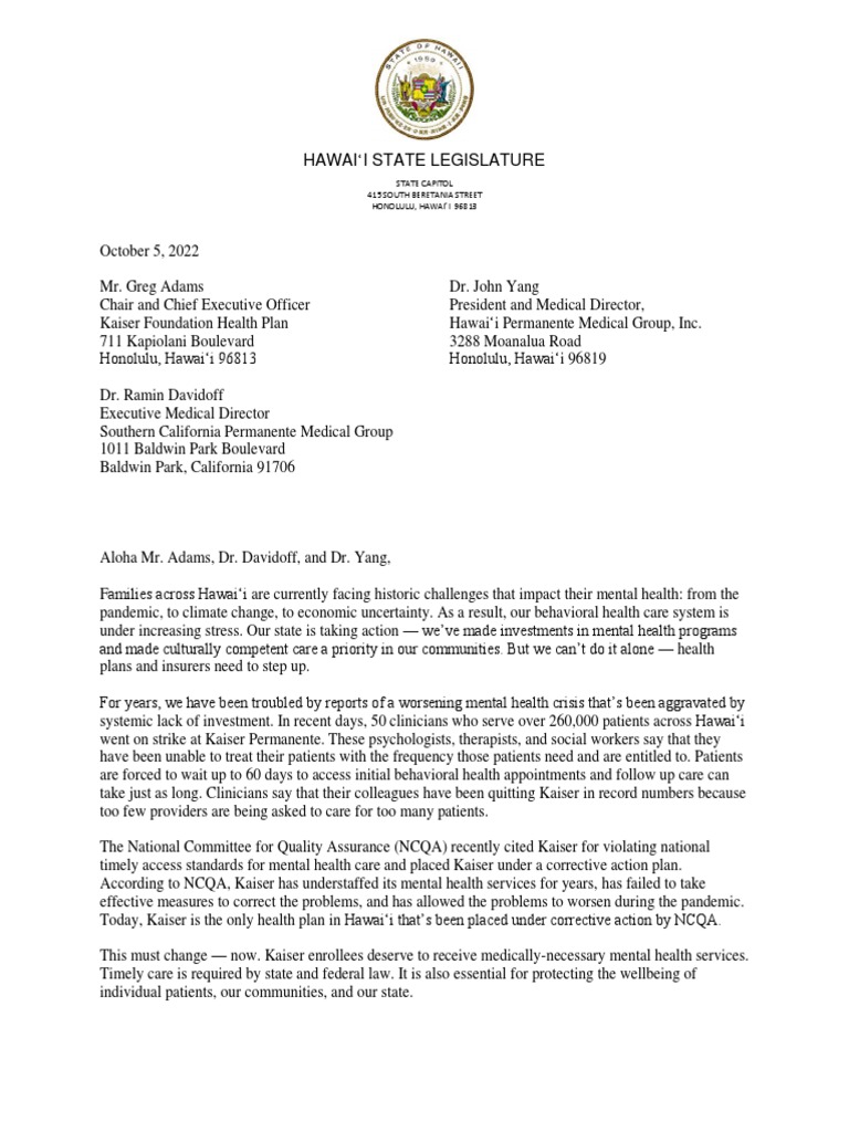 Joint Letter of Support Regarding Kaiser Permanente Mental Health ...