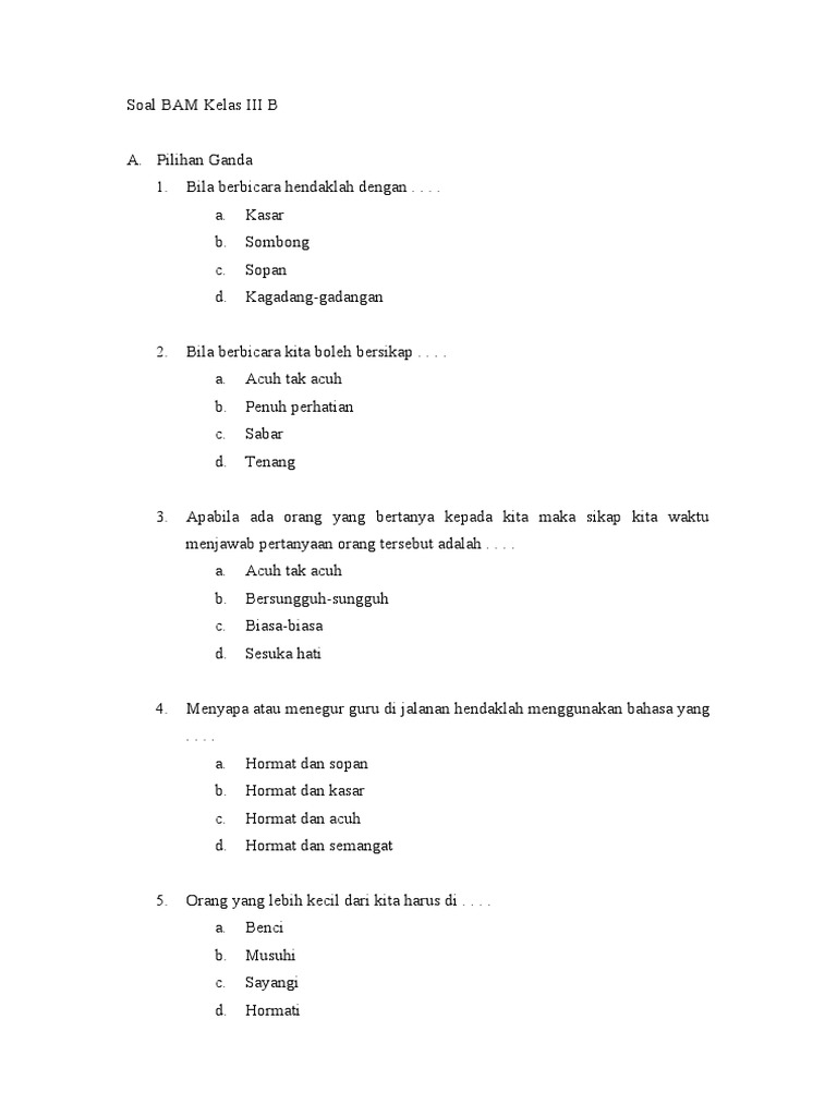 Soal Ujian BAM Kelas III B | PDF | Seni & Disiplin Bahasa | Griya & Taman