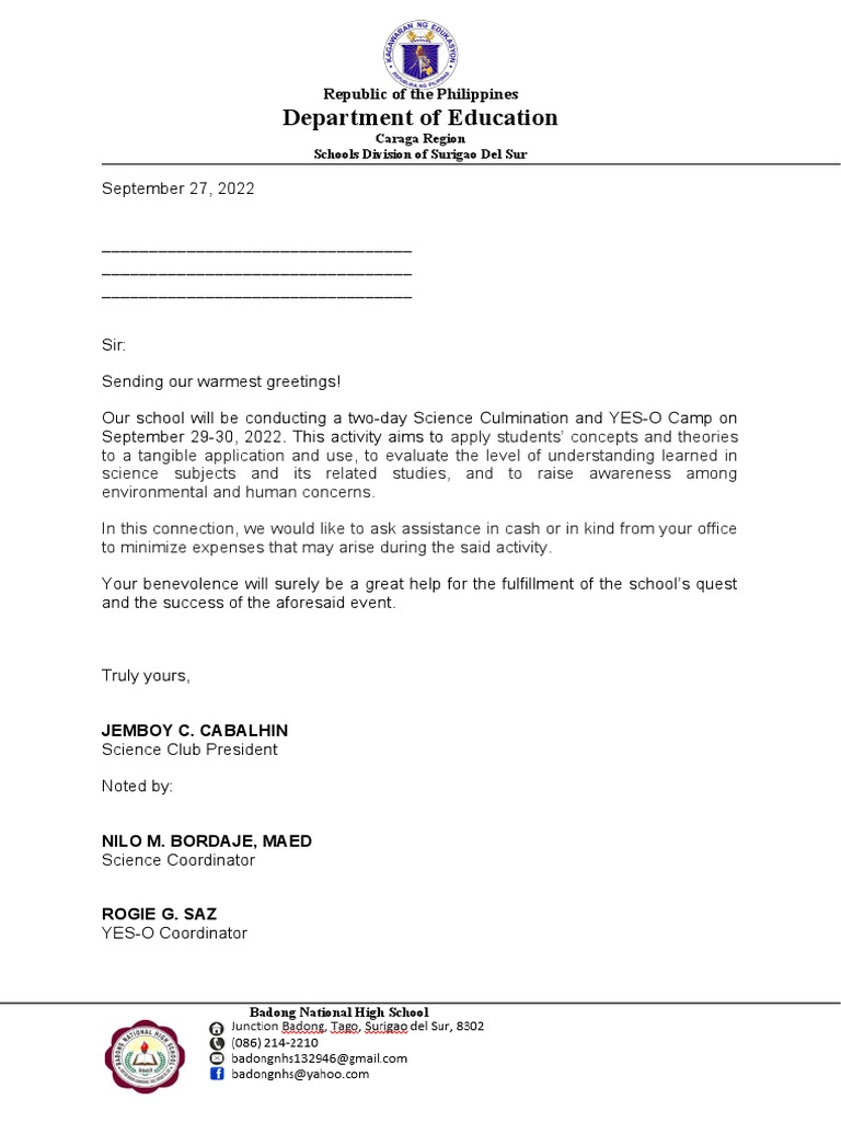 Solicitation Letter Science Culmination | PDF | Philippines
